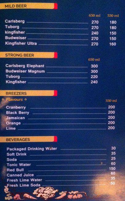 Menu at Olent, Pune, Tukaram Paduka Chowk