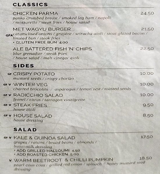 Menu at The Metropolitan Hotel restaurant, Melbourne, 263 William St