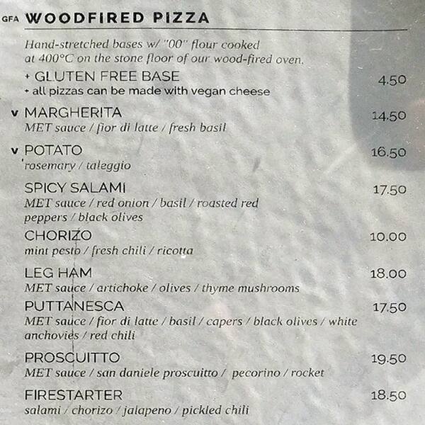 Menu at The Metropolitan Hotel restaurant, Melbourne, 263 William St