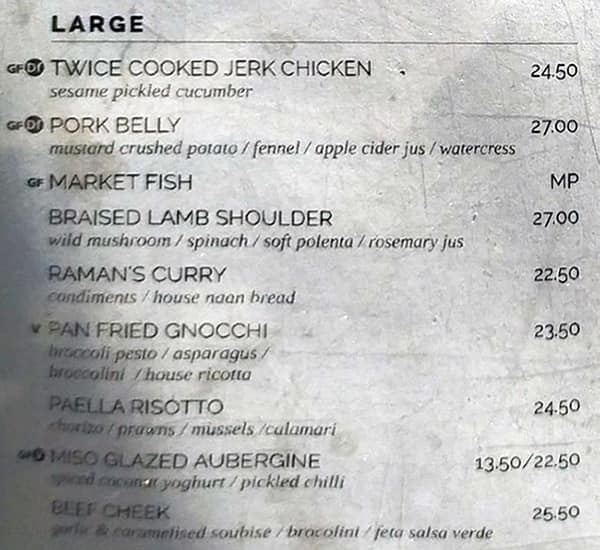 Menu at The Metropolitan Hotel restaurant, Melbourne, 263 William St