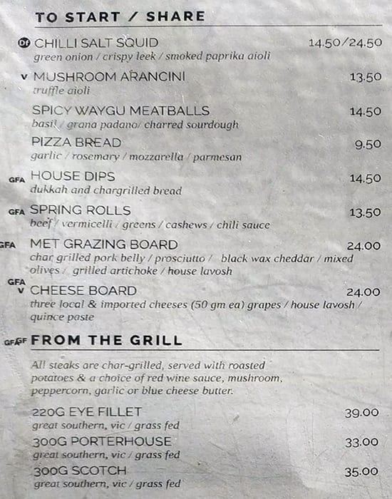 Menu at The Metropolitan Hotel restaurant, Melbourne, 263 William St