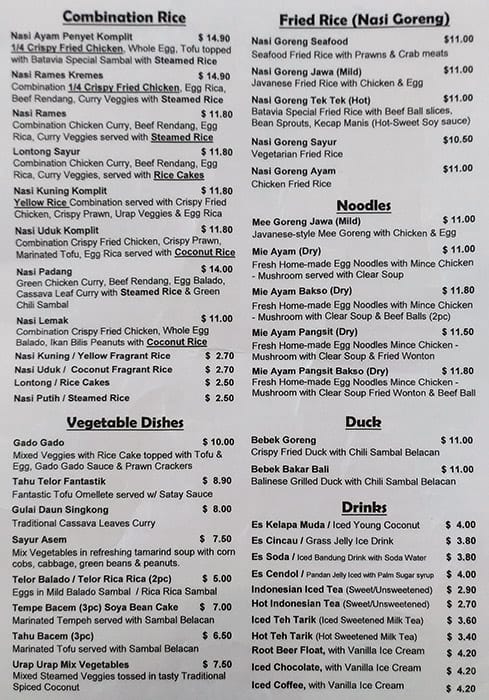 Menu at Batavia Corner restaurant, East Victoria Park