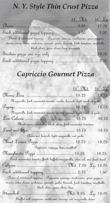 Menu at Capriccio pizzeria, Charlotte