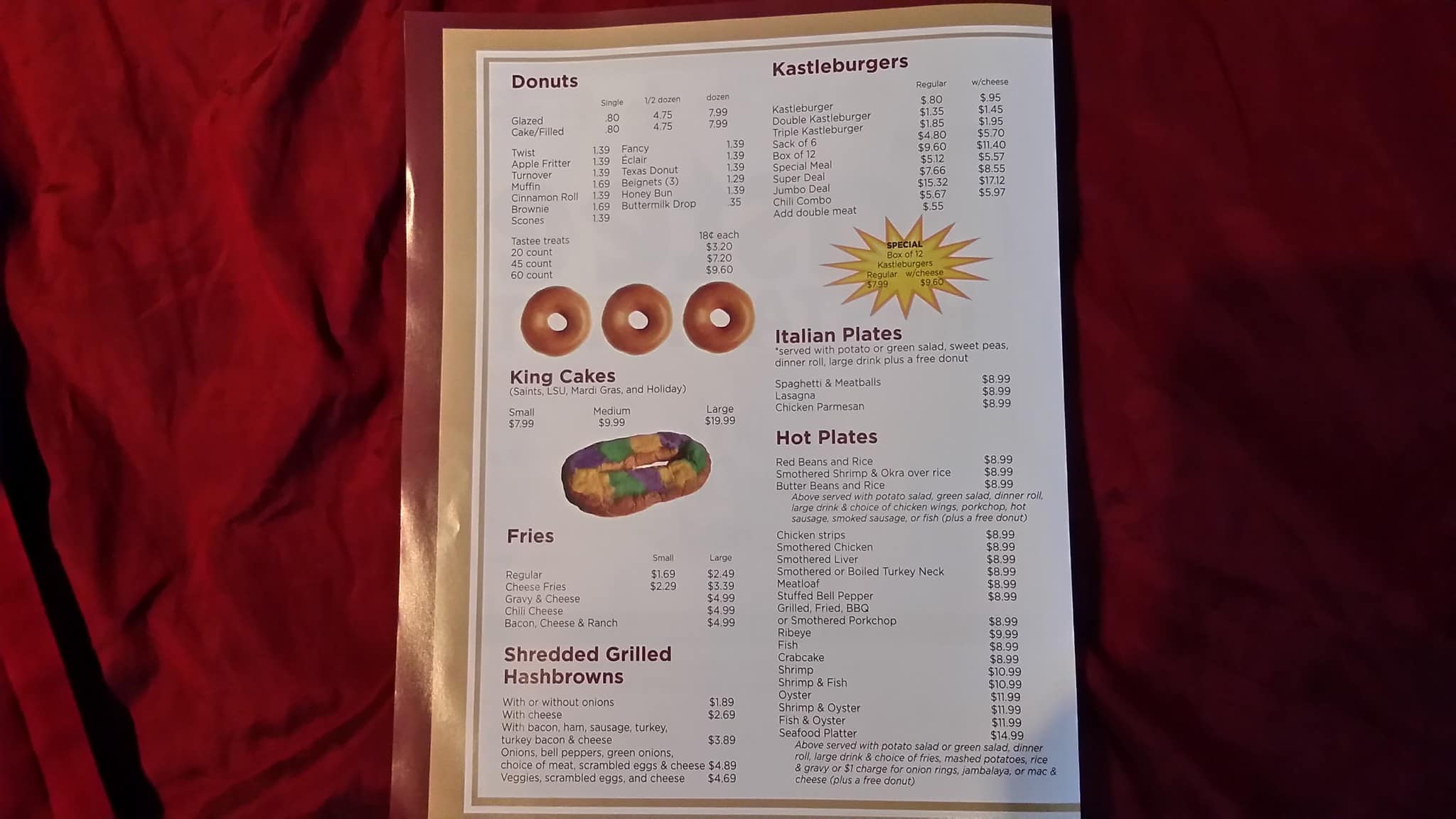 Menu at Tastee Donuts restaurant, Kenner, Loyola Dr # 2