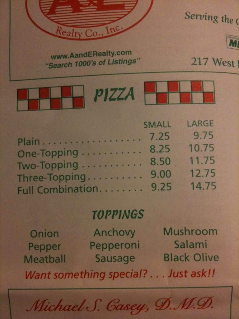 Menu at Steve's Pizza pizzeria, West Boylston, 341 MA-12