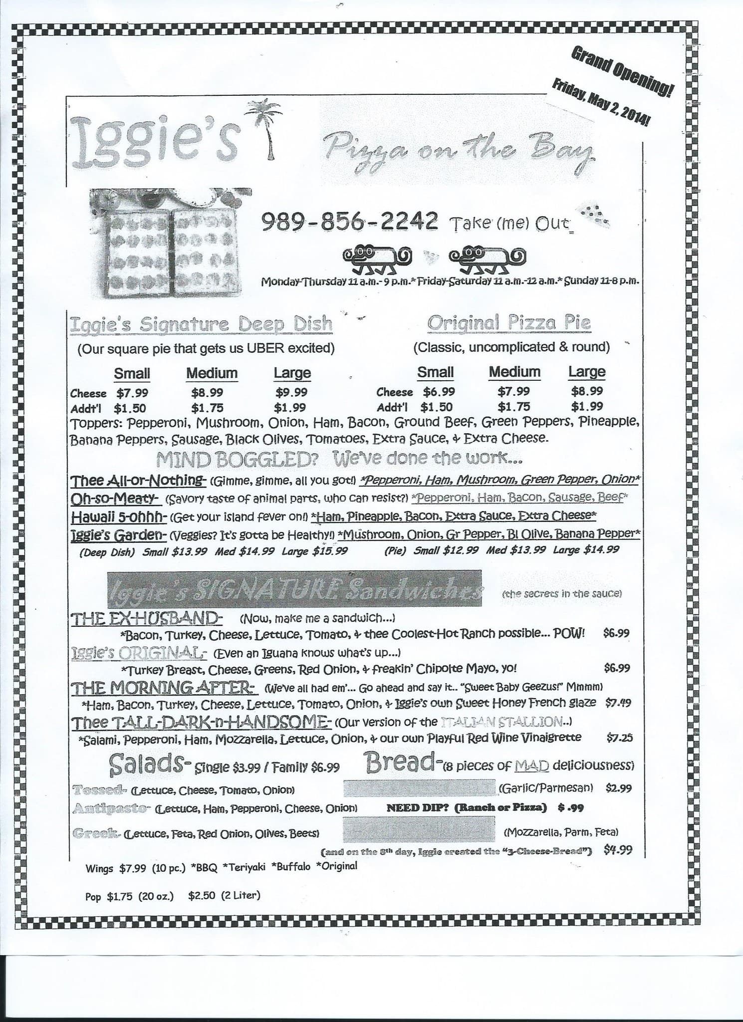 Menu at Iggies Pizza on the Bay restaurant, Caseville