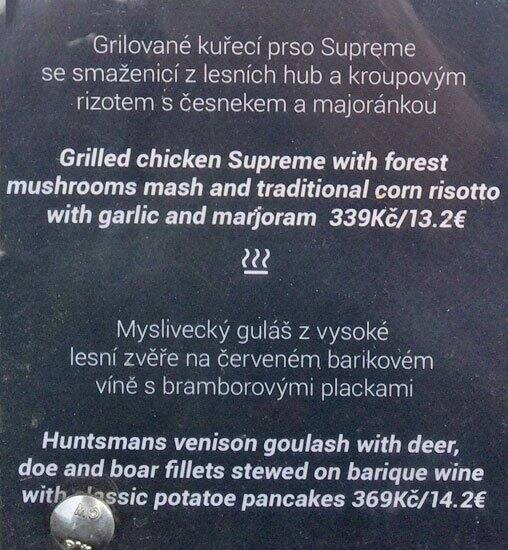 Menu at Czech Slovak Restaurant, Prague