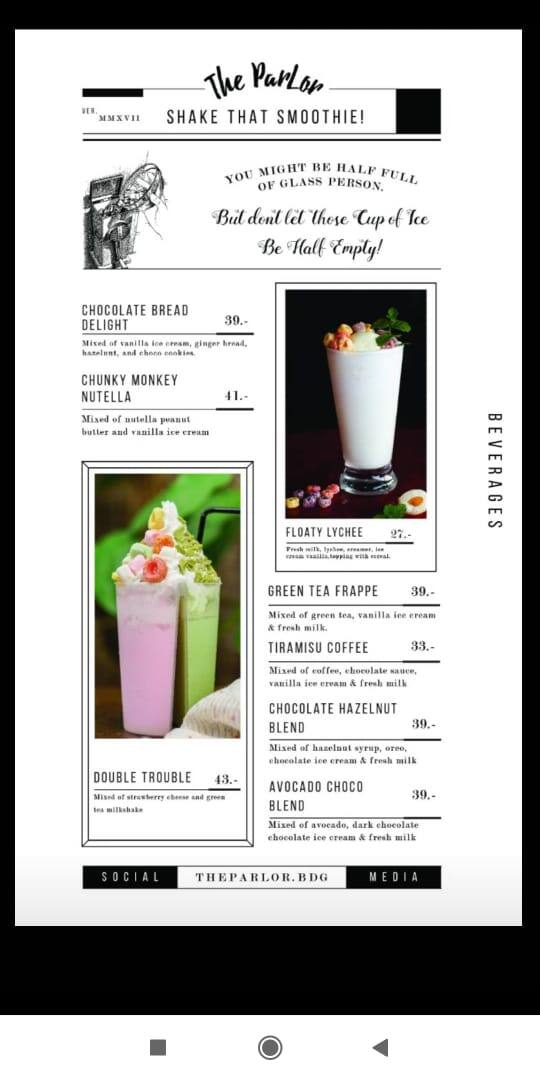 Menu at The Parlor cafe, Bandung