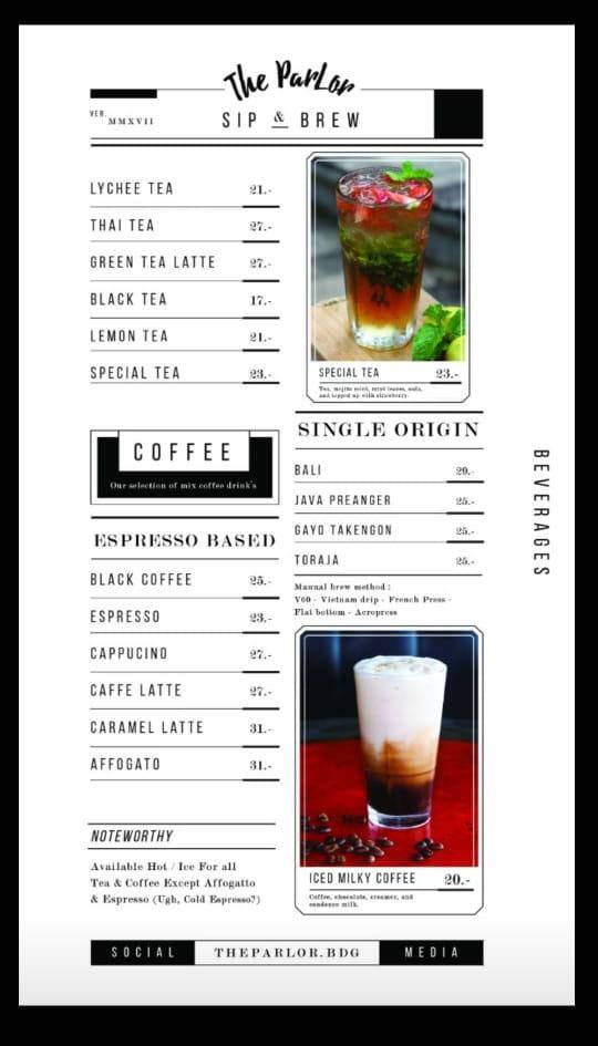 Menu at The Parlor cafe, Bandung