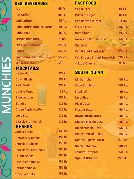 Menu of Sun Rise Restaurant, Nadesar, Varanasi