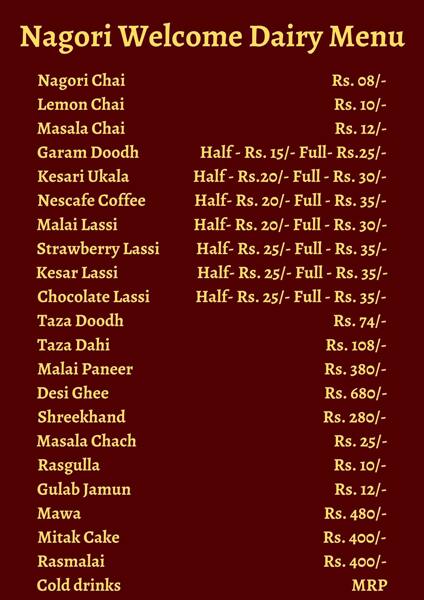 Menu of Nagori Welcome Dairy, Nalasopara, Mumbai