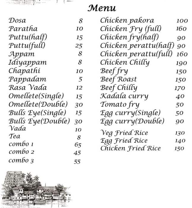 Menu of Travancore Oottupura, Palayam, Trivandrum