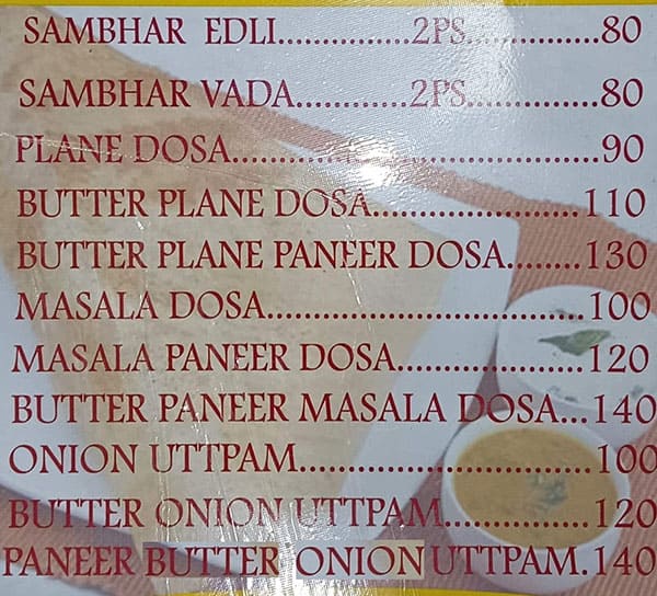 Menu of Anna Dosa Tamilnadu, Indira Nagar, Lucknow