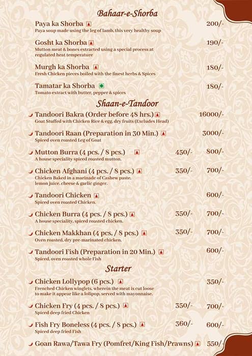 Menu of Karim's, Panaji, Goa
