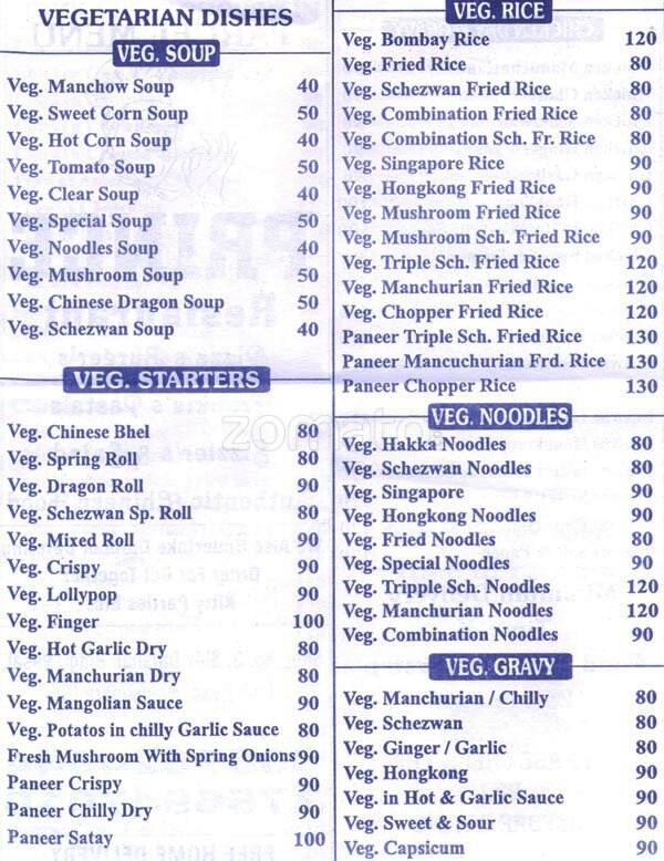 Menu at Prince, Mumbai