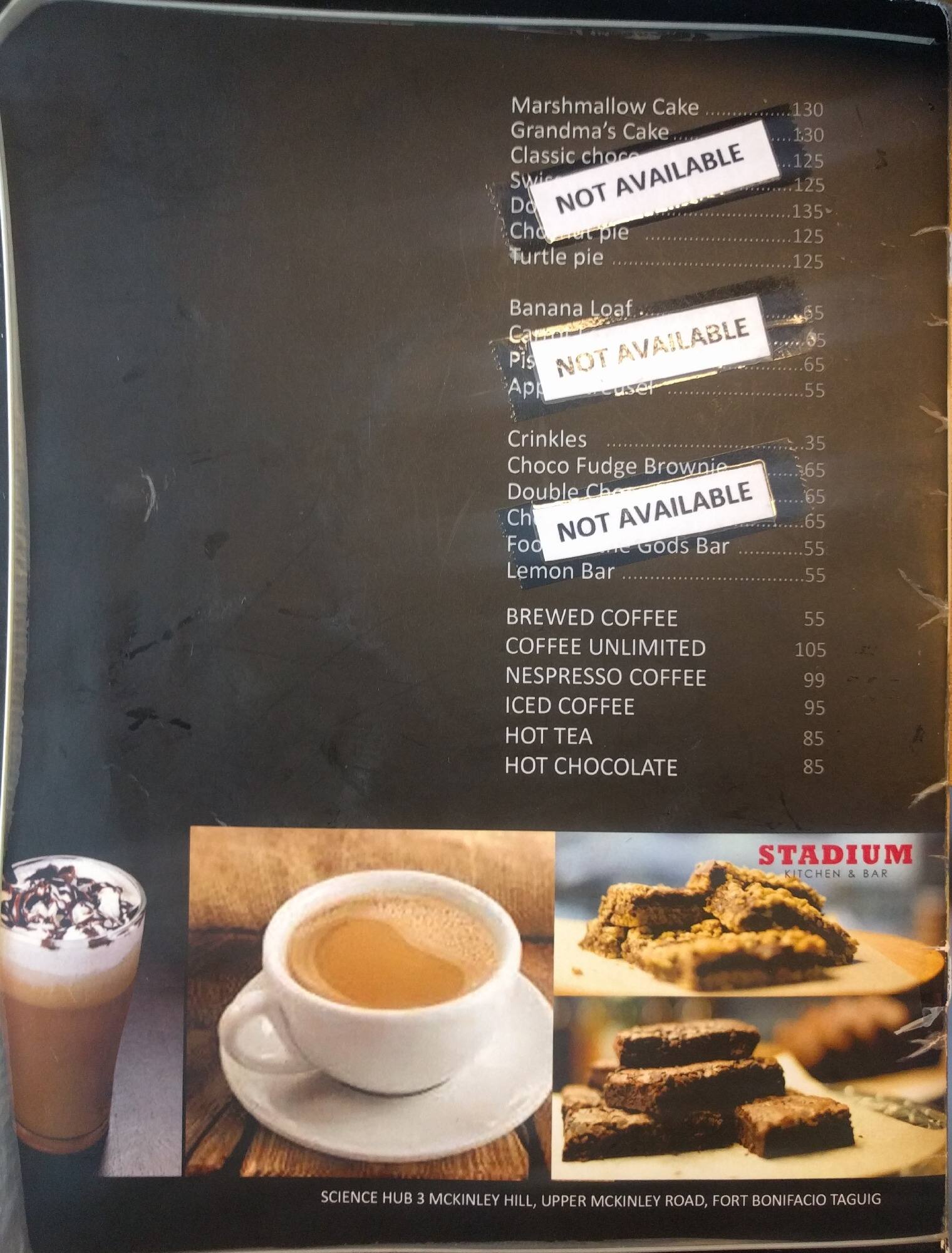 Carta de Stadium Kitchen and Bar, Taguig