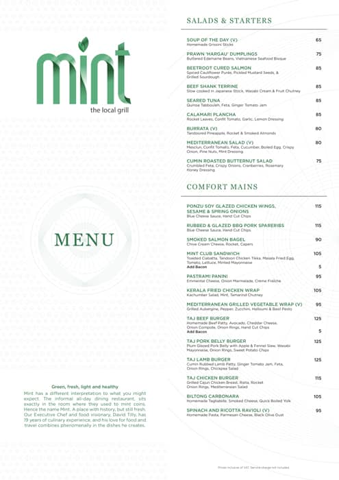 Menu at Mint - The Taj, Cape Town