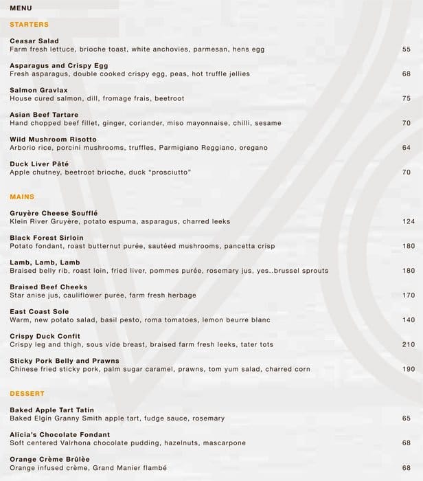 Menu at Volare restaurant, Cape Town