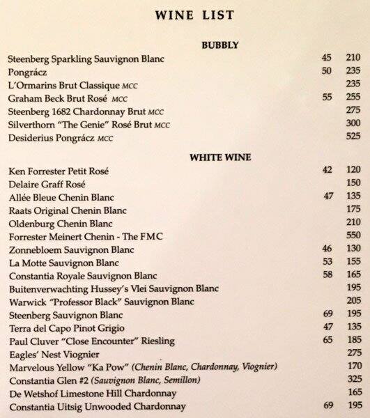 Menu at Volare restaurant, Cape Town