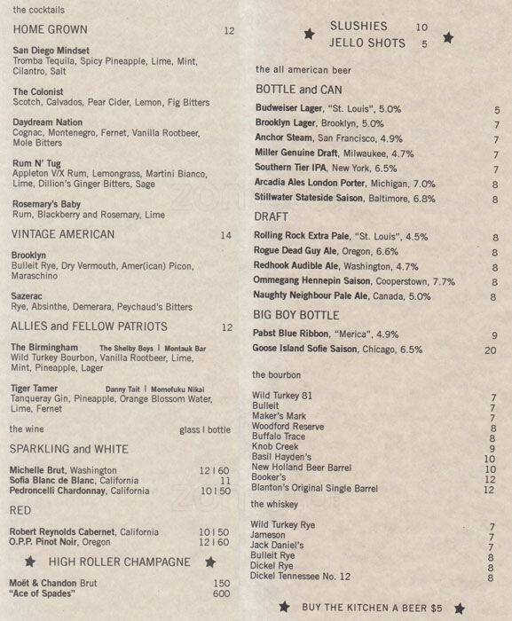 Menu au Home of the Brave restaurant, Toronto