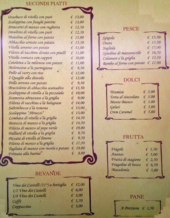 Menu at Ristorante Abruzzi, Rome