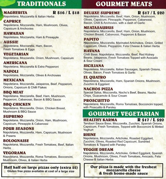 Menu at Balmoral Pizzeria, Waitara