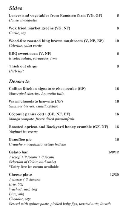 Menu at Collins Kitchen restaurant, Melbourne, 123 Collins St