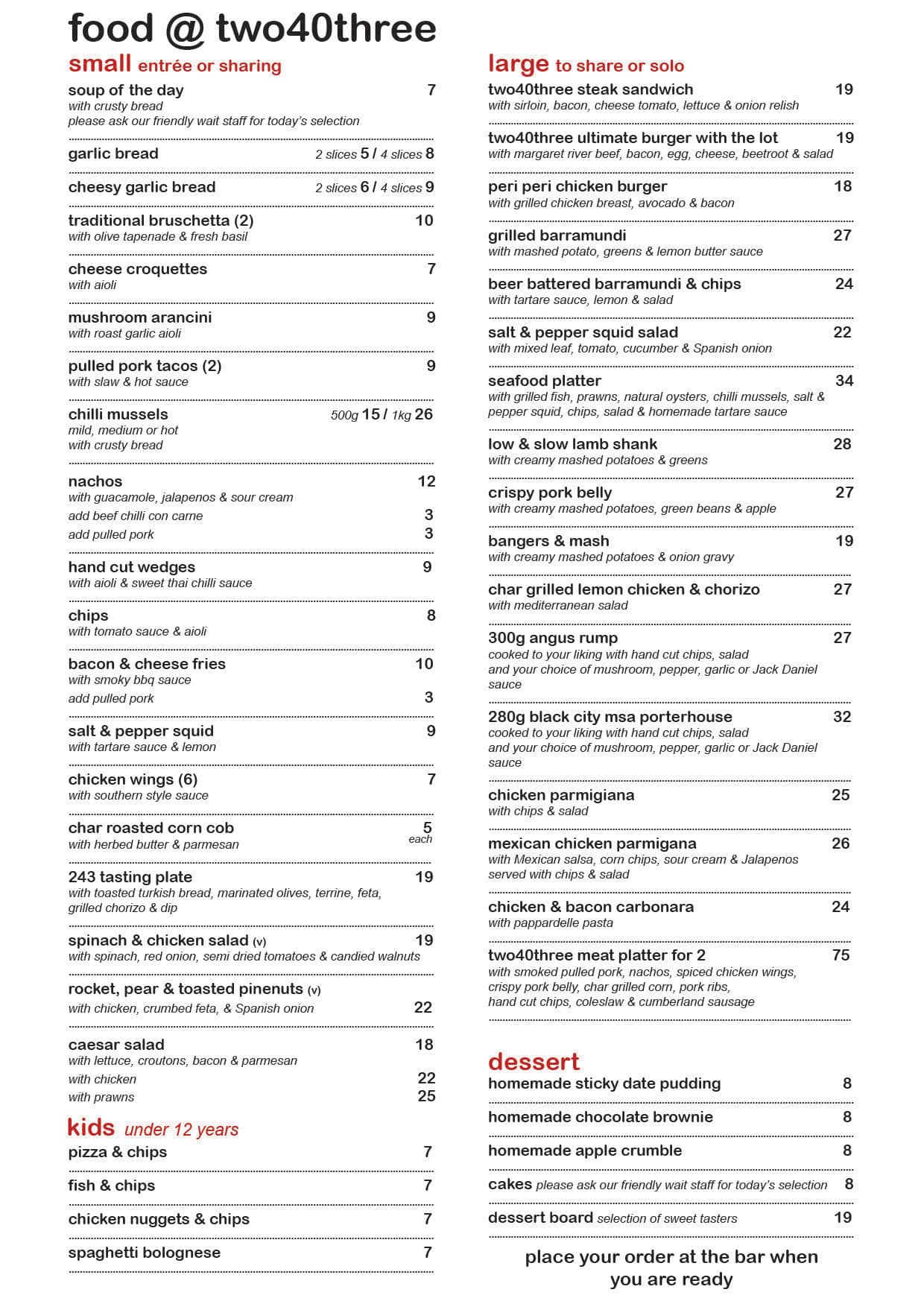 Menu at two40three Bar & Grill, Morley