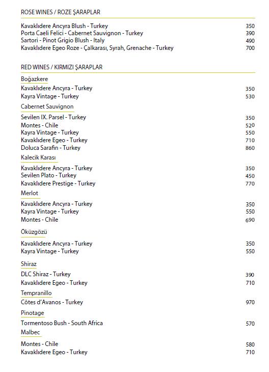 Menu at VUE Rooftop, Istanbul