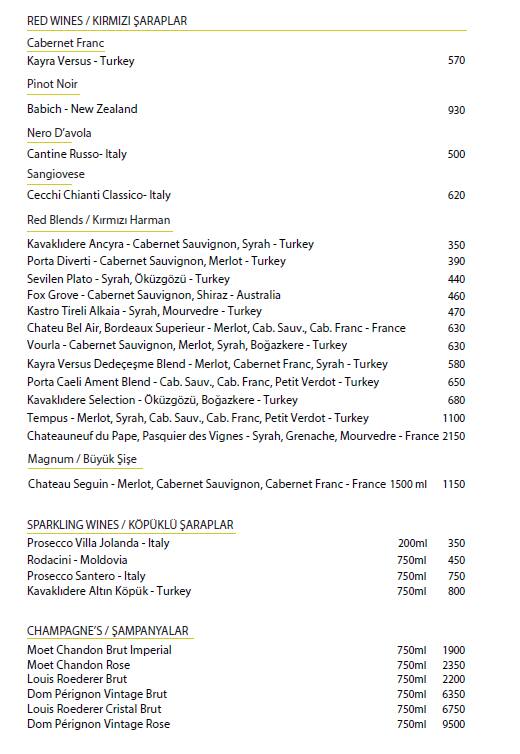 Menu at VUE Rooftop, Istanbul