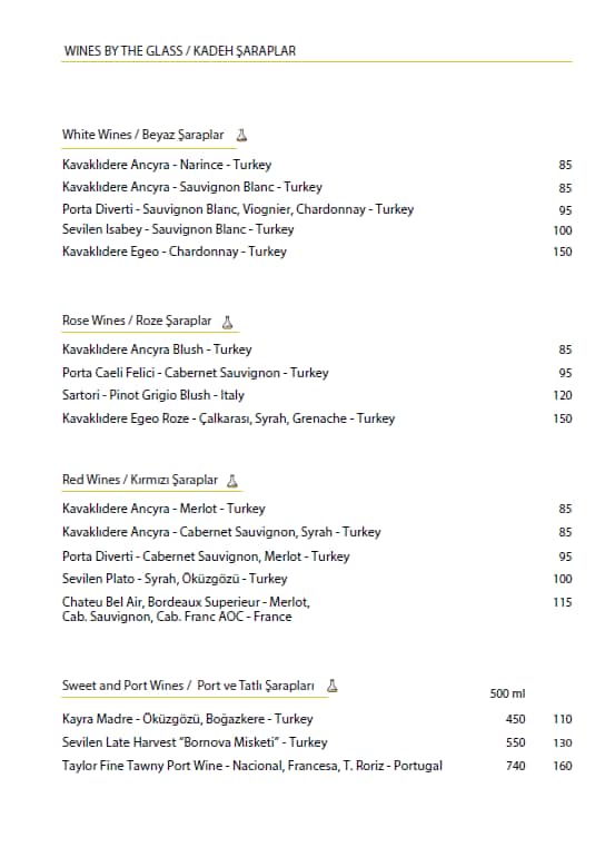 Menu at VUE Rooftop, Istanbul