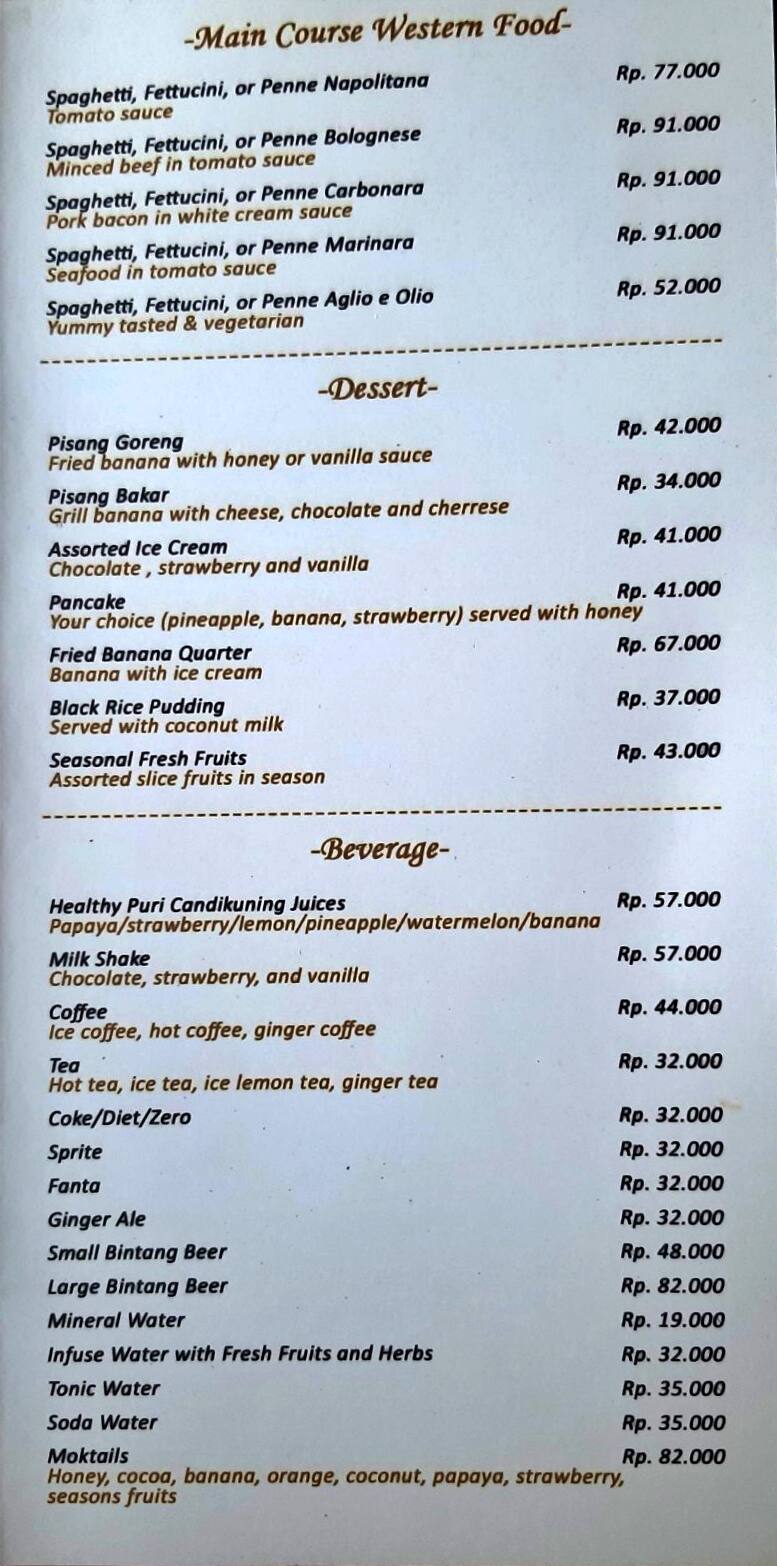 Menu at JFC Candi Kuning restaurant, Candikuning