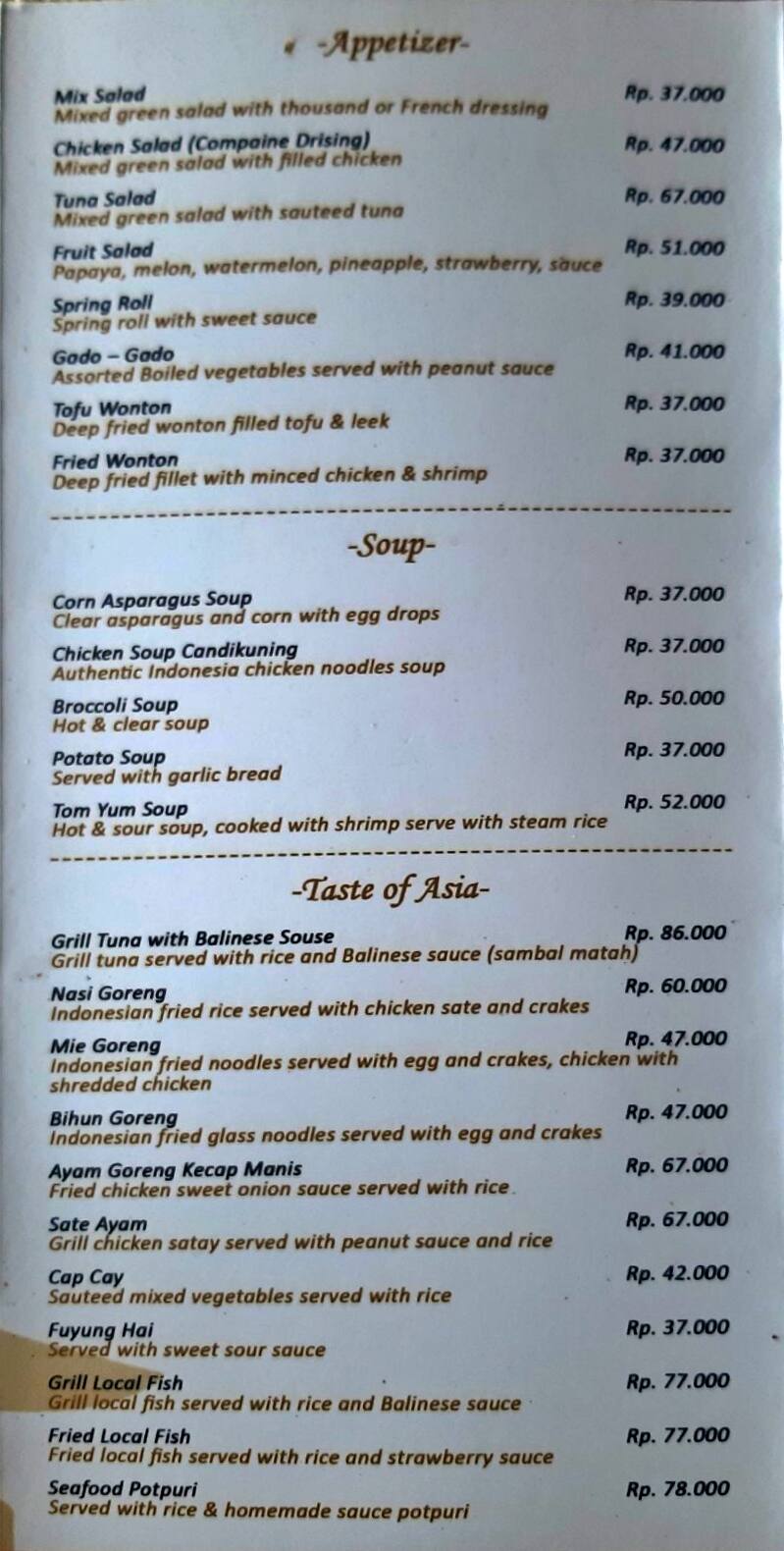 Menu at JFC Candi Kuning restaurant, Batunya