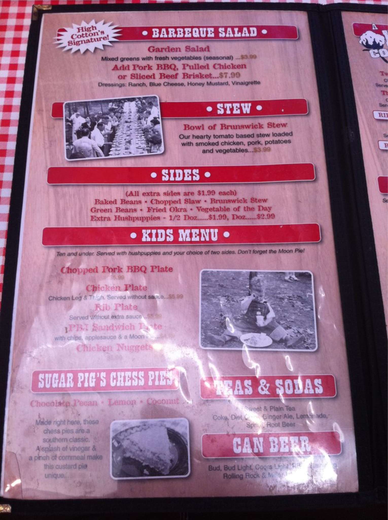 Menu at High Cotton Barbeque, Kitty Hawk