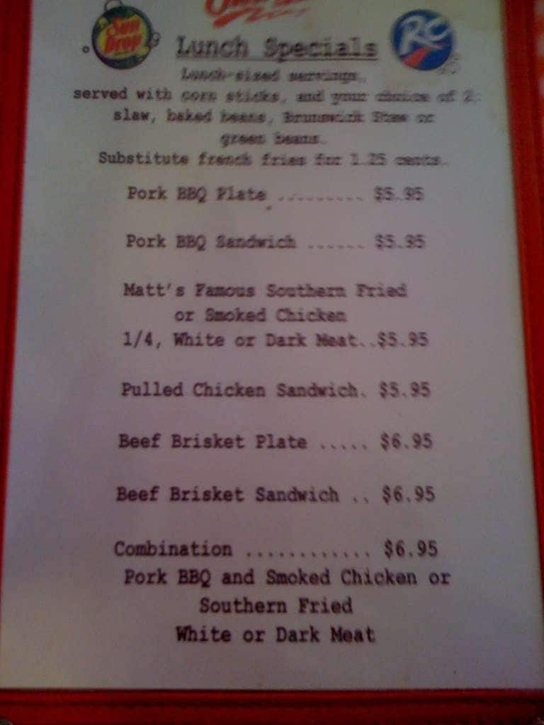 Menu at High Cotton Barbeque, Kitty Hawk