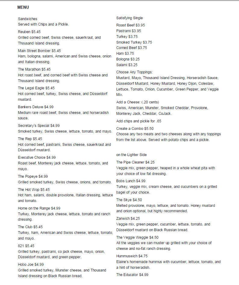 Menu at Main Street Deli restaurant, Findlay