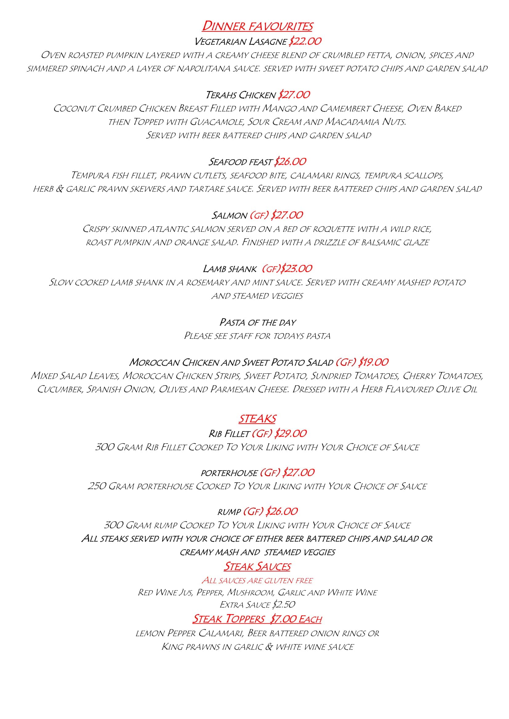 Menu at Terah's Restaurant, Dayboro