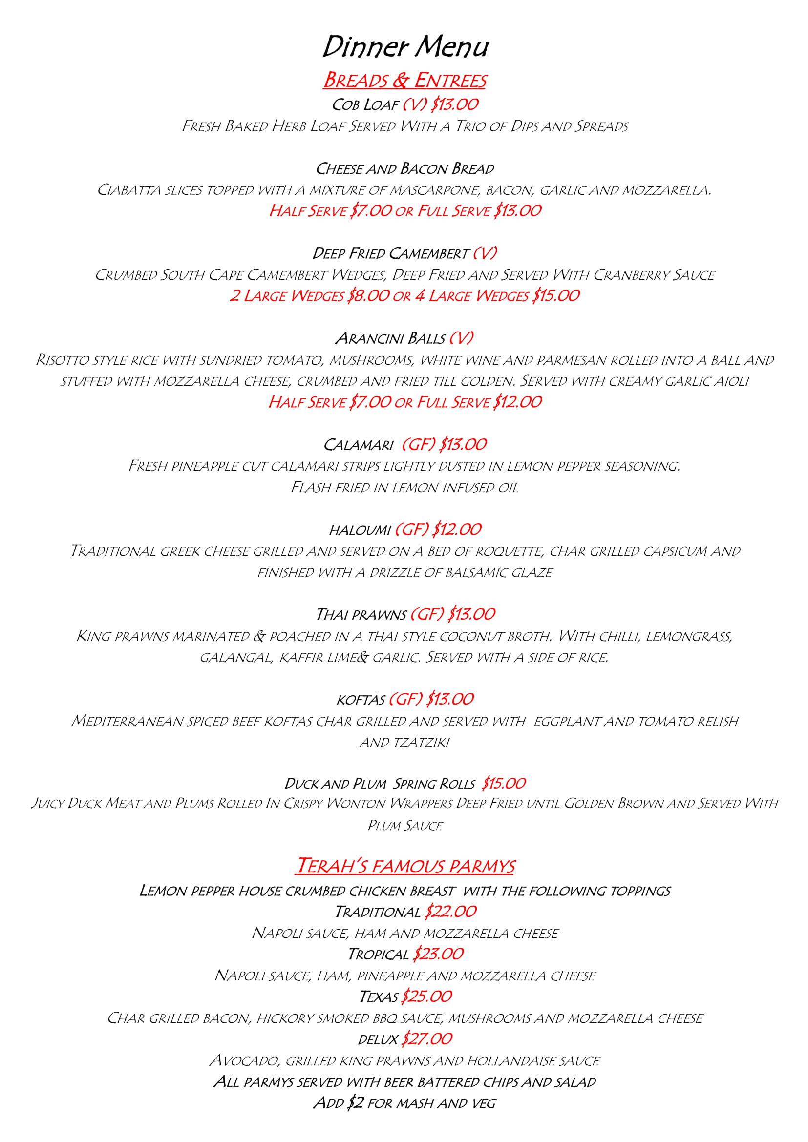 Menu at Terah's Restaurant, Dayboro