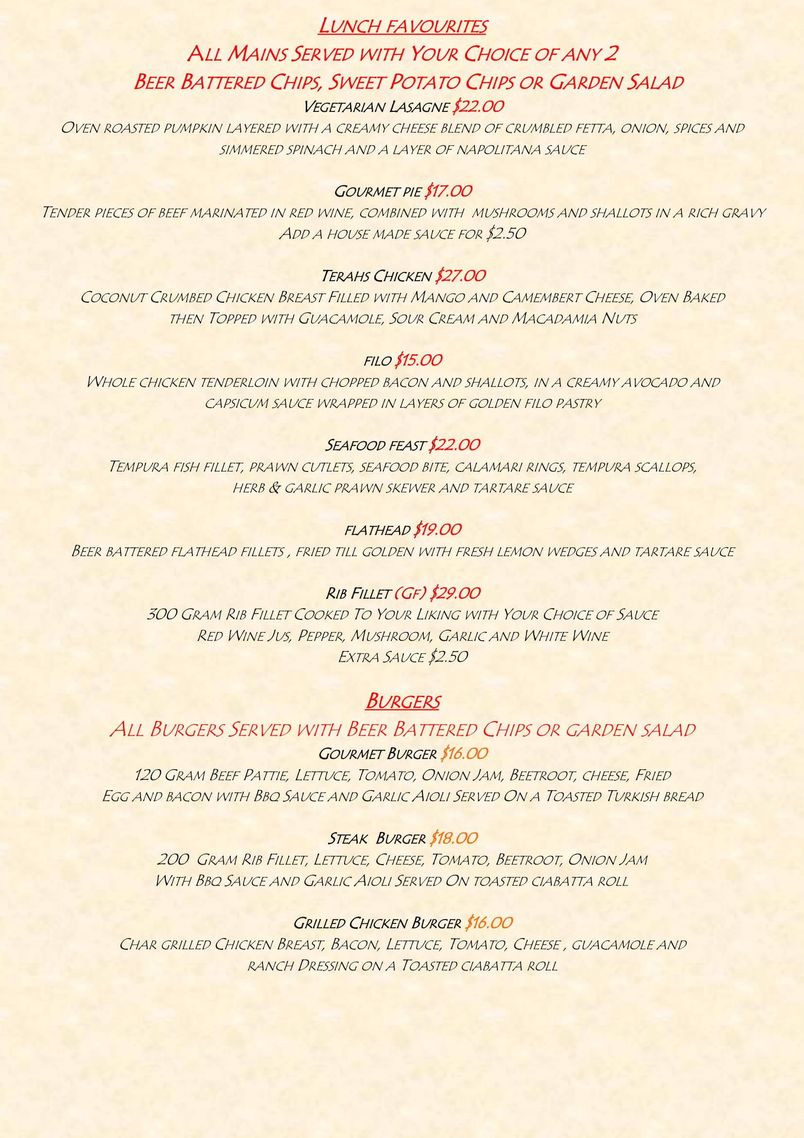 Menu at Terah's Restaurant, Dayboro