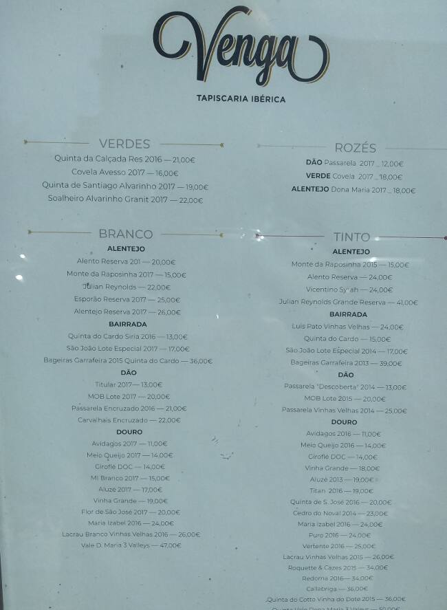Menu em Venga-Tapiscaria Ibérica restaurante, Matosinhos