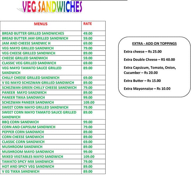 Menu of The Sandwich Man, Chengalpattu, Chennai