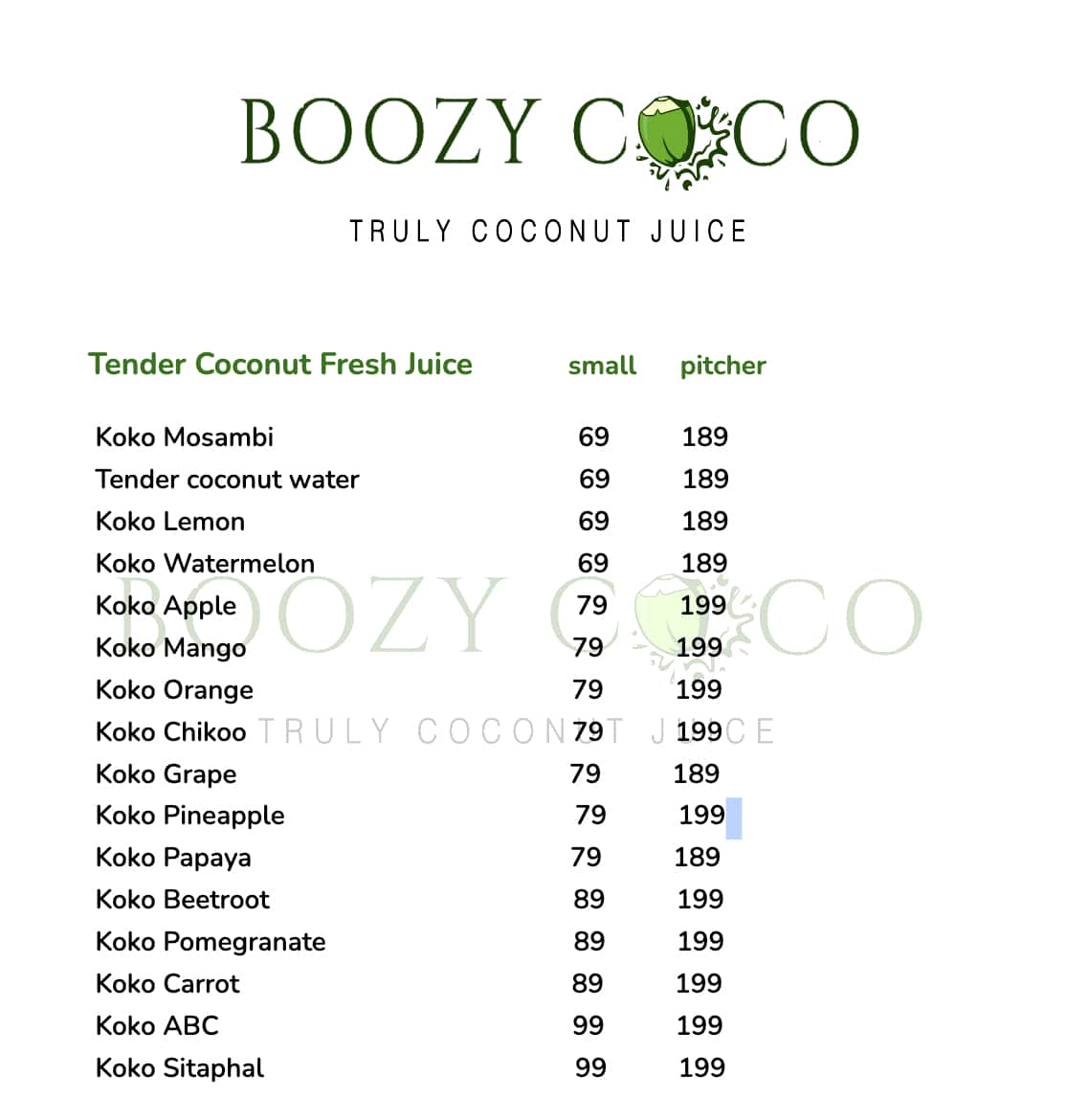 Menu of Boozy Coco, Porur, Chennai