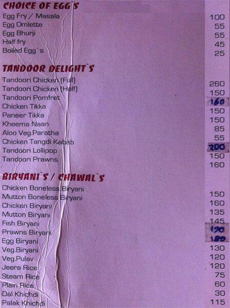 Menu at Prakash Punjab, Mumbai