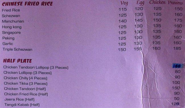 Menu at Prakash Punjab, Mumbai