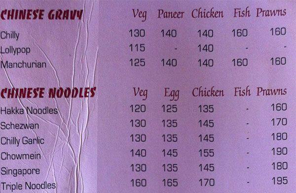 Menu at Prakash Punjab, Mumbai