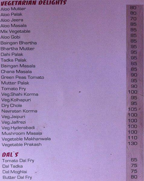 Menu at Prakash Punjab, Mumbai