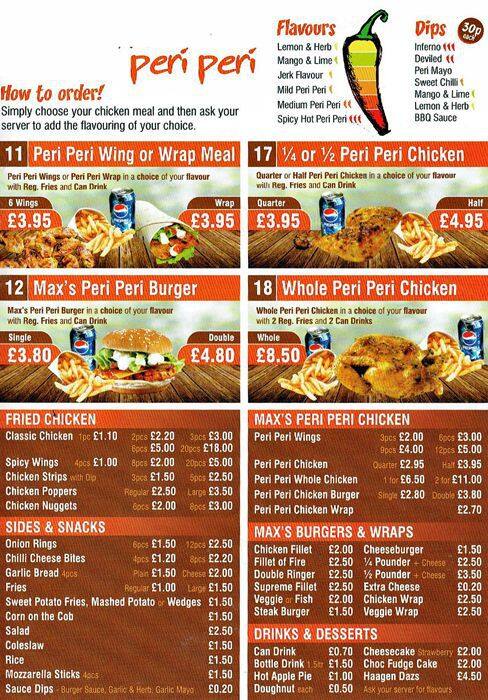 Menu at Max's restaurant, London, 280 Barking Rd