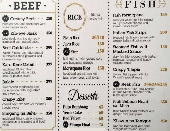 Menu at Sol Victoria's restaurant, Parañaque