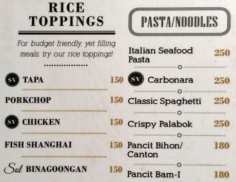 Menu at Sol Victoria's restaurant, Parañaque