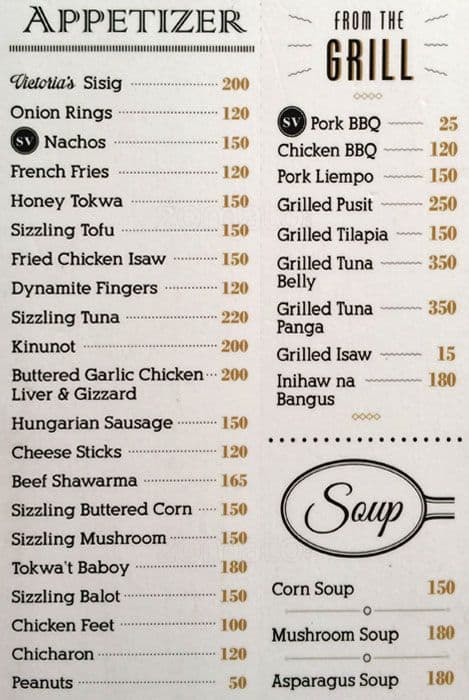 Menu at Sol Victoria's restaurant, Parañaque